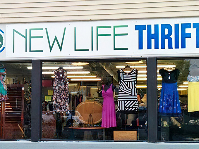 New Life Thrift's window display showcases colorful fashion finds, like a stylish invitation to step inside.