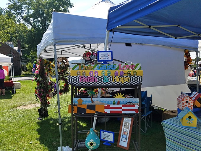 Colorful birdhouses and handmade crafts create a whimsical wonderland that would make Martha Stewart smile. 