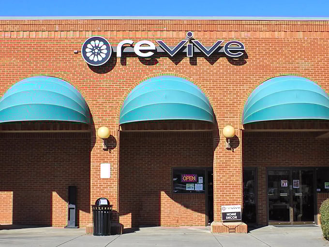 Revive brings boutique vibes to the thrift scene. Those teal awnings promise a more curated secondhand experience.