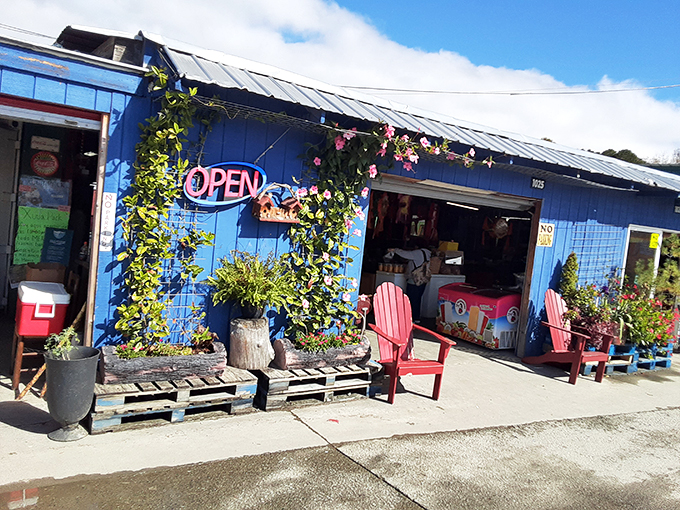 Smiley's market welcomes shoppers with a cheerful blue exterior. Those red chairs practically beg you to sit awhile!