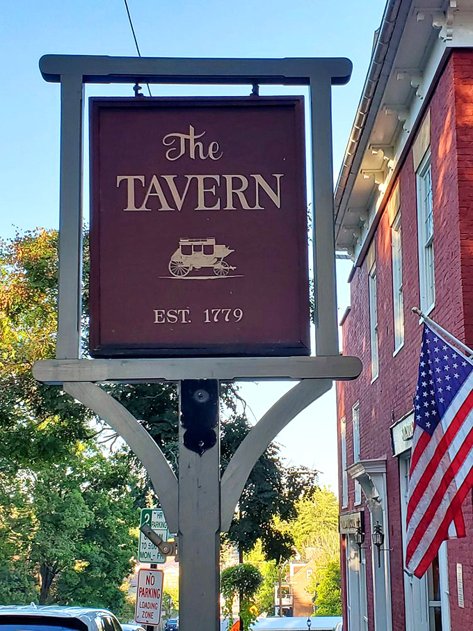 The Tavern's historic sign proudly displays its 1779 founding. George Washington never ate here, but he really missed out!