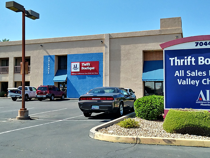 The Assistance League's Thrift Boutique brings a splash of blue to the desert landscape.