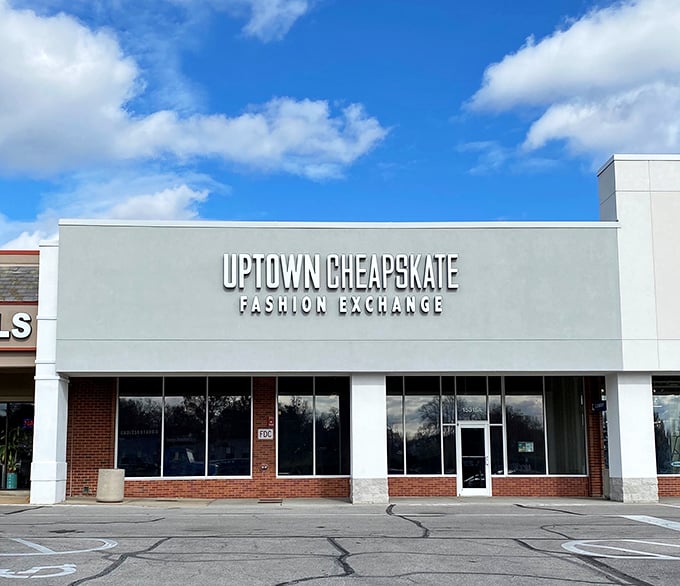 Uptown Cheapskate brings boutique vibes to the thrift world. Even the storefront looks like it's dressed for success.