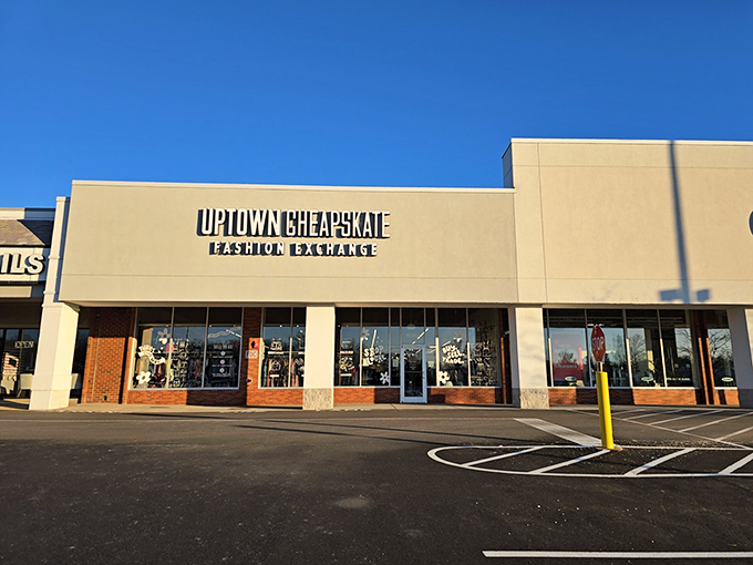 Uptown Cheapskate's sleek storefront looks like it belongs in a trendy shopping district - thrift meets chic.