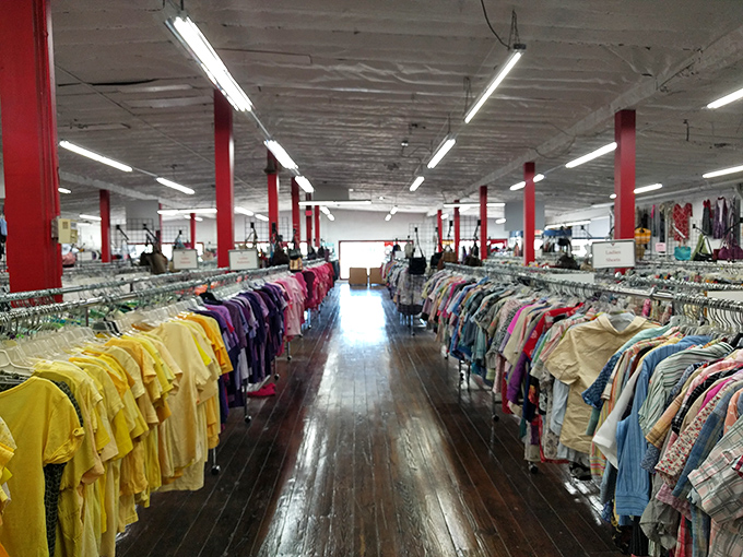 The classic blue-roofed Volunteers of America store&mdash;where wooden floors and vintage finds create a nostalgic shopping experience.