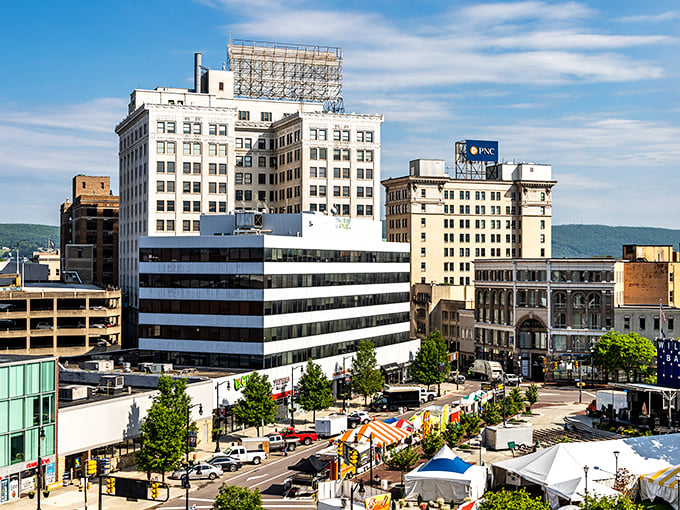 Wilkes-Barre's downtown skyline shows off its mix of historic and modern buildings. The white structure stands out like the community's architectural crown jewel.