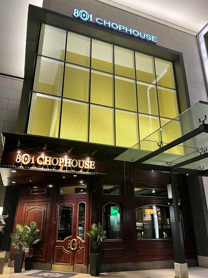 The soaring glass and rich wood entrance of 801 Chophouse promises a steak experience that's reaching for the stars.
