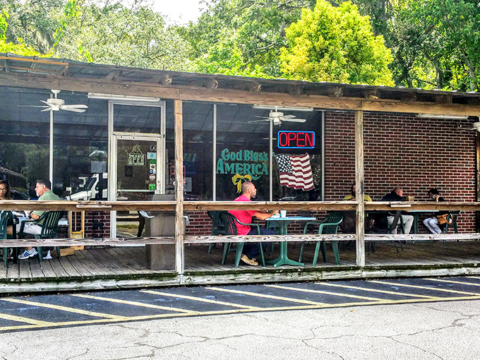 The wooden deck and American bunting at Alvin Ord's set the stage for a sandwich experience as authentically American as apple pie.