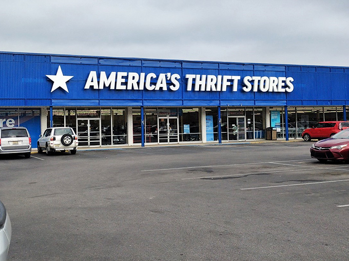America's Thrift Store stands ready for another day of treasure hunting, its blue fa&ccedil;ade a familiar friend to bargain seekers.