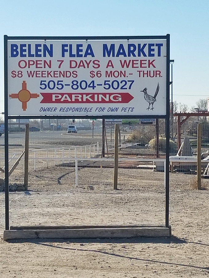 The Belen Flea Market's straightforward sign tells you exactly what to expect&mdash;no frills, just fantastic finds.