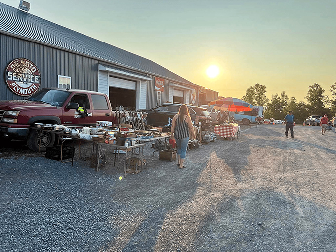 Sunset bargain hunting! As the day winds down, the golden hour casts a warm glow over tables still holding undiscovered treasures.