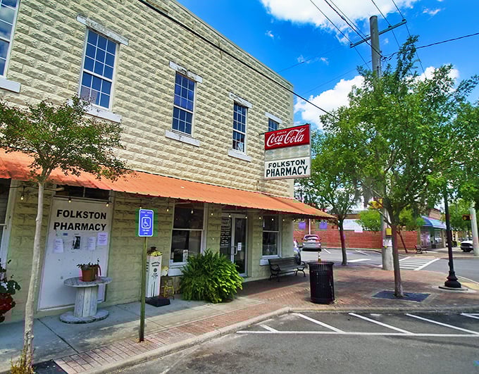 The Folkston Pharmacy, complete with classic Coca-Cola sign, is the kind of place where prescriptions come with a side of neighborly conversation.
