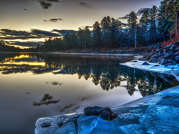 Sunset paints Fool Hollow Lake in dramatic blues and purples, turning an ordinary evening into art.