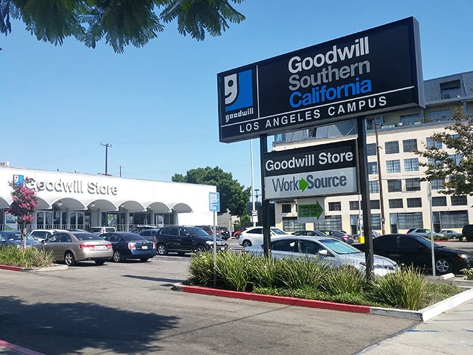 The Los Angeles Campus sign promises an education in thrifting excellence with courses in fashion, furniture, and fantastic finds.