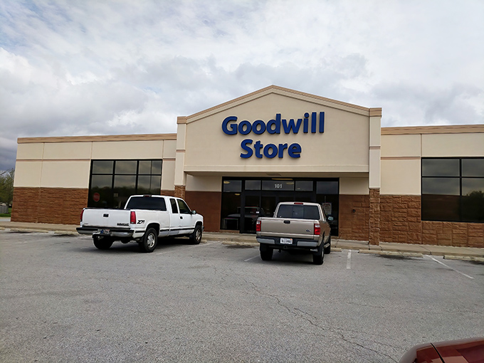 The calm before the shopping storm &ndash; this parking lot will soon fill with thrifters seeking their next great find.