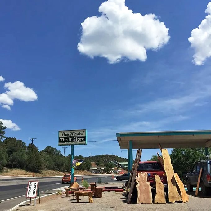 The outdoor display at Hey Mavis! showcases wooden treasures under New Mexico's brilliant blue sky&mdash;rustic charm at pocket-change prices.