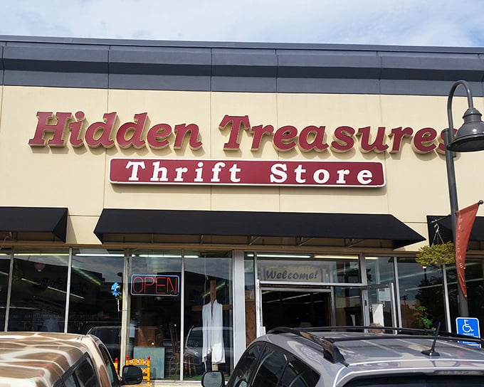 The charming street lamp outside Hidden Treasures adds a touch of vintage ambiance before you even step inside.