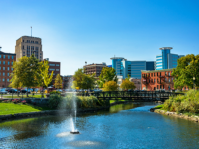 Kalamazoo's tree-lined streets: "Brick streets and blooming flowers frame a city where your retirement dollars flourish alongside the local gardens."
