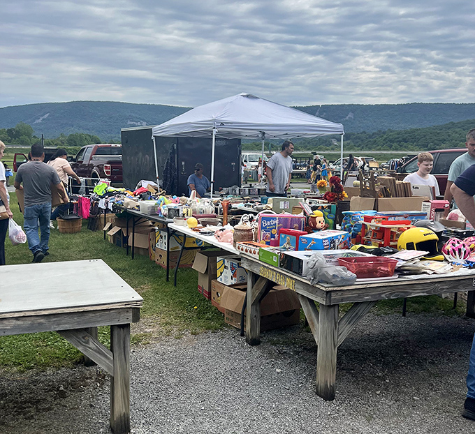 Mountains frame the treasure hunt at Leighty's, where tables of potential finds stretch toward the horizon.