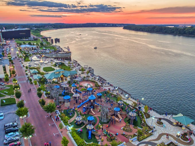 Sunset over Owensboro's Ohio River waterfront - where the views are million-dollar but the cost of living isn't. Talk about a retirement jackpot!