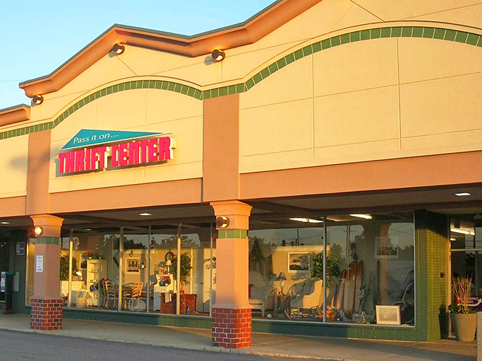 Golden hour casts a warm glow on this thrift center&mdash;where one person's discards become another's delightful discoveries.Add to Conversation