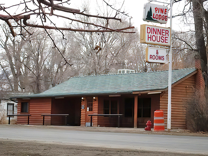 Winter or summer, Pine Lodge's charming cabin exterior promises cozy comfort and hearty meals worth the scenic drive to Lamoille.