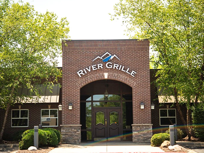 Sunlight bathes River Grille's welcoming entrance &ndash; a portal to some of Bentonville's most celebrated steaks.