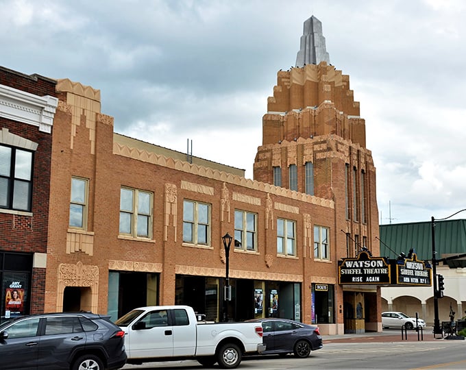 The Watson Theater's stepped facade reaches skyward like a Midwestern ziggurat, bringing unexpected architectural drama to downtown Salina.
