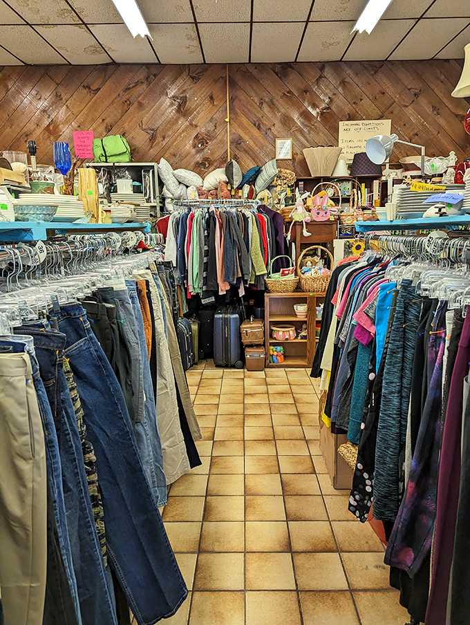 Packed racks create narrow pathways through clothing forests. The thrill of the hunt is real!