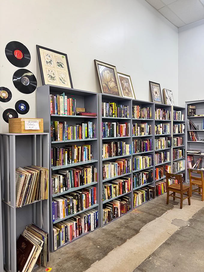 Vinyl records line the shelves, each disc a time machine to someone's musical memories.