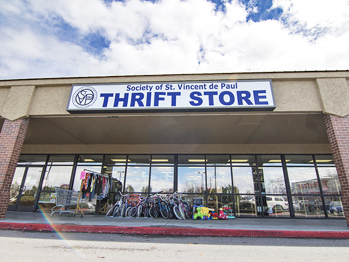 Sunshine highlights the welcoming entrance where second chances and second-hand treasures come together beautifully.
