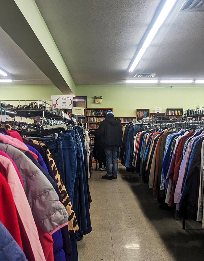 Books and bargains galore! Inside this Salvation Army, racks of clothing stand like soldiers, ready for your next great find.