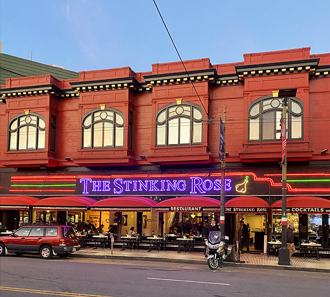 The Stinking Rose: Red building, purple sign, and enough garlic inside to ward off an army of vampires. Breath mints not included!