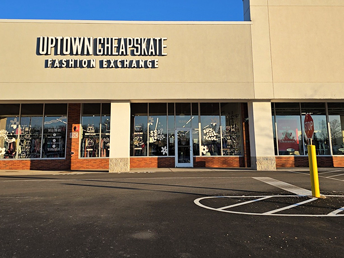 Window displays at Uptown Cheapskate rival mall retailers. Who needs full price when you can look this good for less?