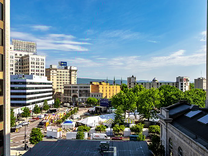Downtown Wilkes-Barre's buildings create a perfect urban canvas against that bright blue sky. You can almost feel the small-city energy buzzing through those streets.