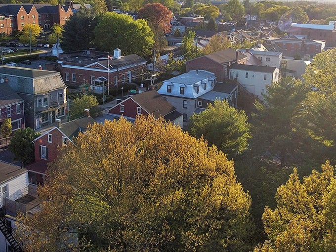From above, Lititz reveals itself as a perfect patchwork of historic buildings, tree-lined streets, and the surrounding Lancaster County countryside.