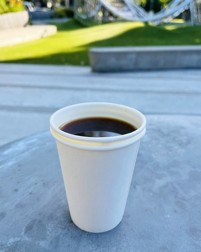 Sometimes the simplest pleasures are the most profound. This unadorned Americano, enjoyed outdoors, offers a moment of caffeinated contemplation amid urban hustle.