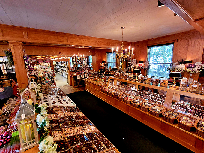 Elegant chandeliers illuminate handcrafted sweets, creating the world's most dignified setting for your inevitable sugar binge.