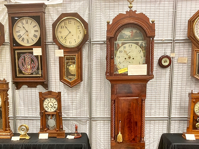 Time literally stands still in the clock section. These magnificent timepieces once governed household rhythms and now await second lives in new homes.