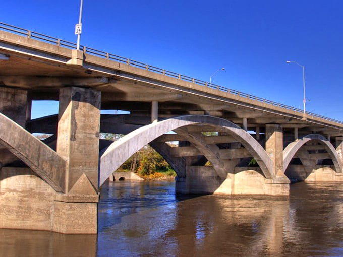 Downtown meets riverfront at this elegant white bridge, where modern design creates a perfect frame for Des Moines' evolving skyline.