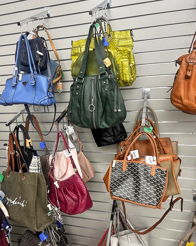 Handbag heaven for the accessory aficionado—designer lookalikes and genuine finds hanging like colorful fruit ripe for the picking.
