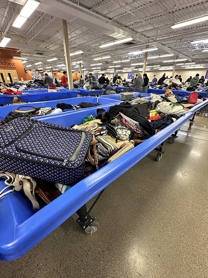 The famous blue bins in their natural habitat. Like archaeological digs for the modern bargain hunter, each layer reveals potential treasures.