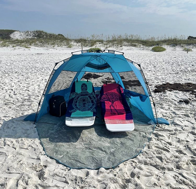 Beach camping perfection: where your "room" comes with million-dollar views and the world's most effective white noise machine&mdash;the Gulf.