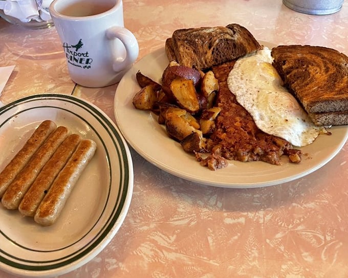 The breakfast that launched a thousand productive days&mdash;eggs, hash, sausage, and toast, the working person's power meal since forever.