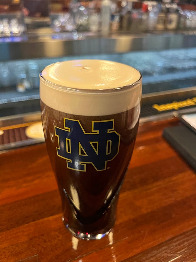 A perfectly poured pint with Notre Dame pride. In Indiana, even the beer glasses have team spirit.
