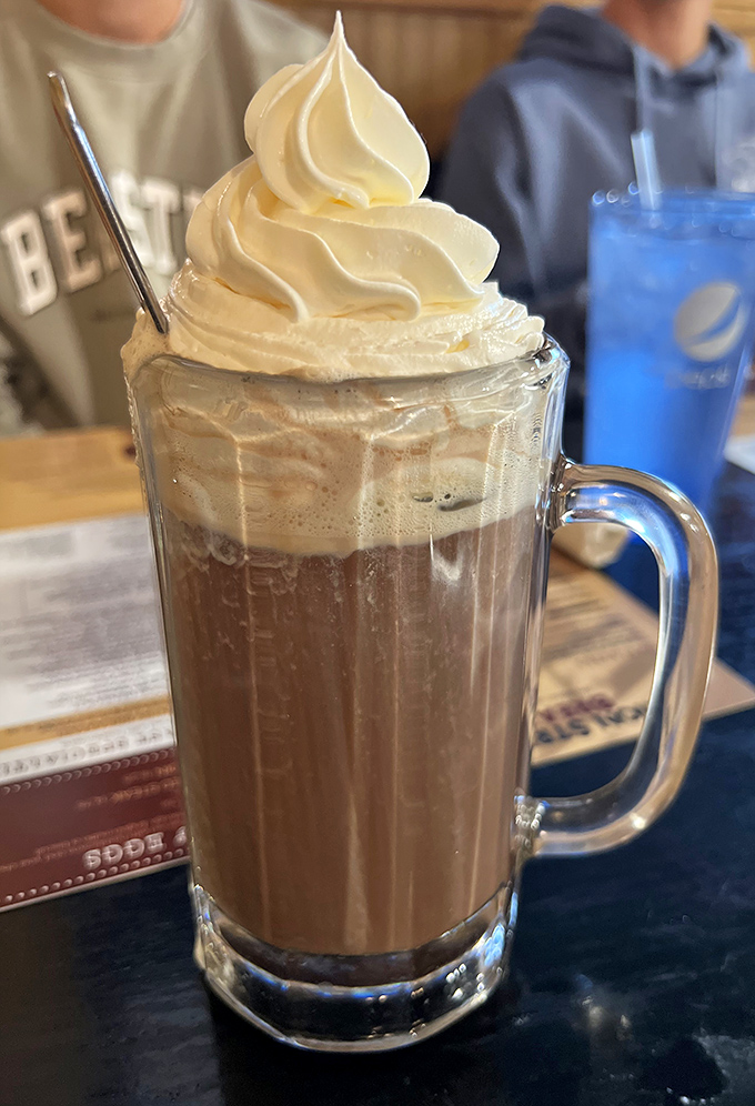 A towering float that blurs the line between beverage and dessert. That whipped cream crown deserves its own royal title!