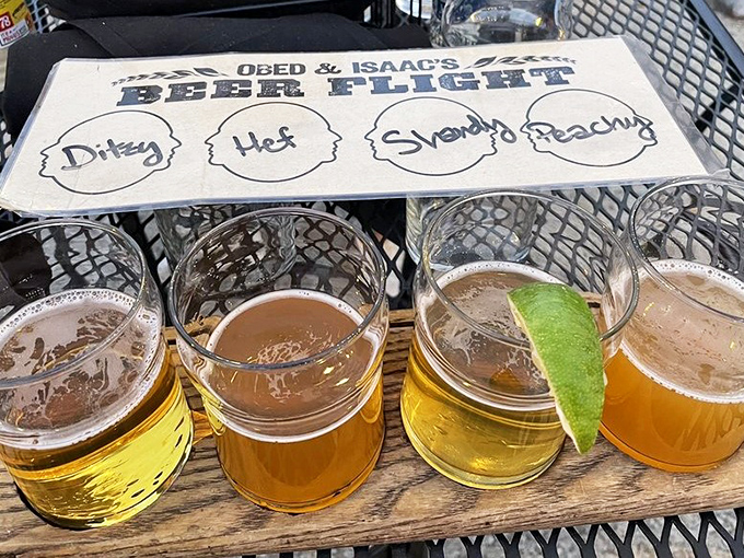 The beer flight that turns indecision into an advantage. From "Ditzy" to "Sweaty Peach," each glass tells its own hoppy story.