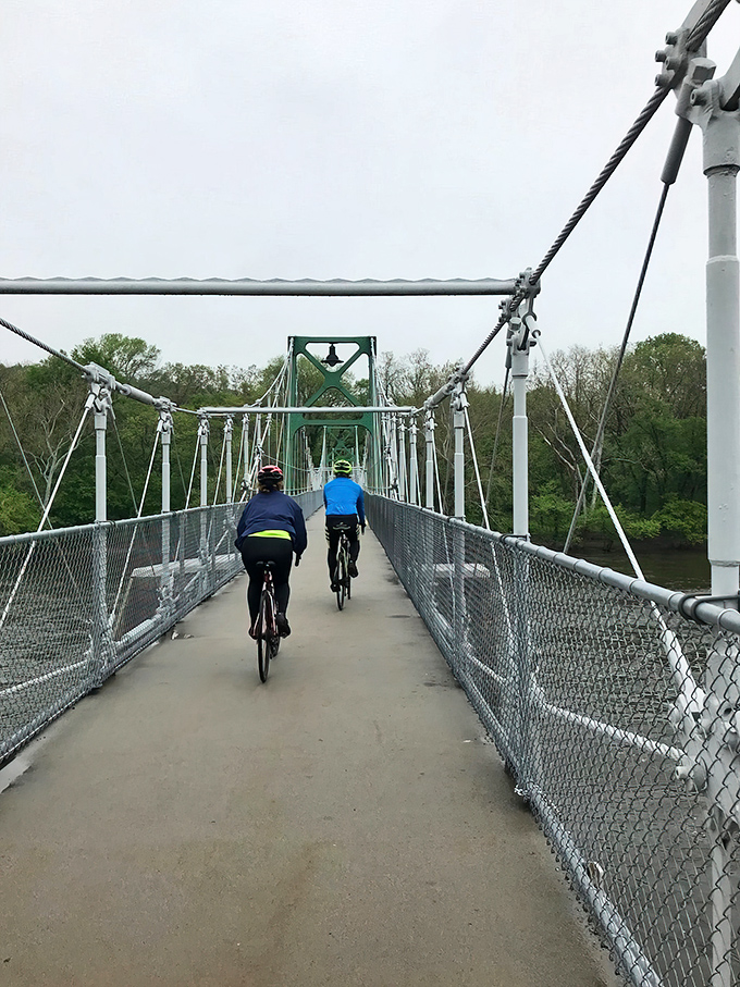 Pedaling across the Delaware on this suspension footbridge offers views that no car window could capture. Exercise with benefits beyond the cardiovascular.