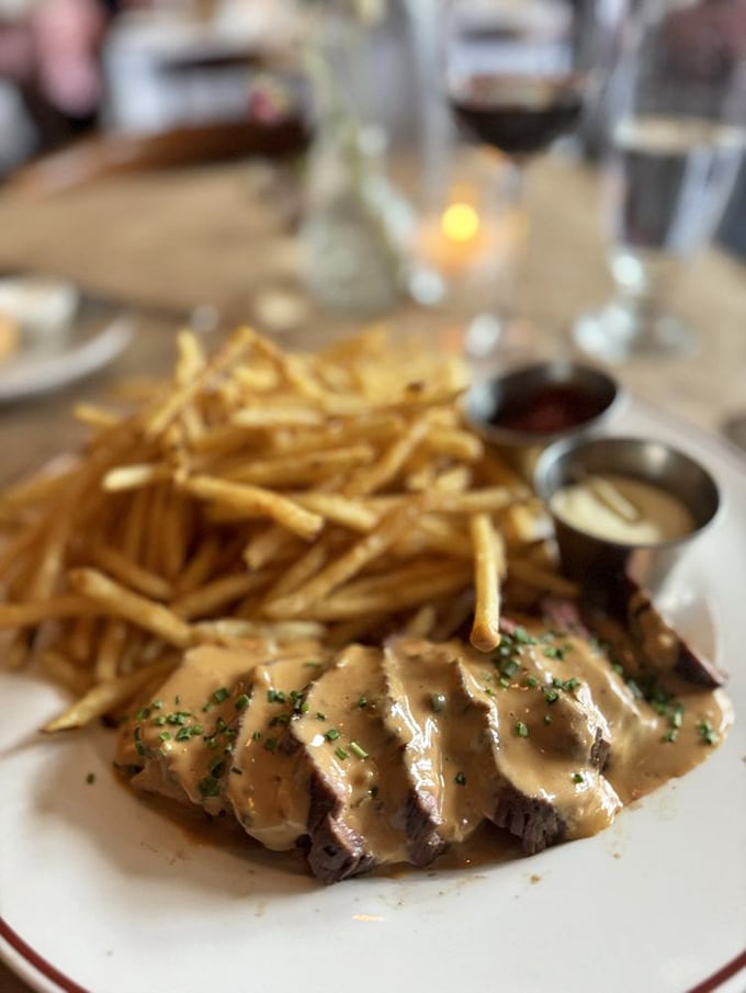 Steak so precisely cooked it makes you wonder if there's a French physicist in the kitchen calculating the exact moment of perfection.