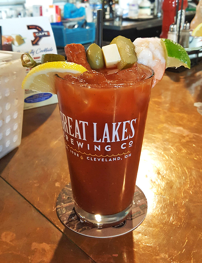 A Bloody Mary that's practically a meal unto itself, garnished with enough goodies to qualify as an appetizer. Morning salvation in a glass.